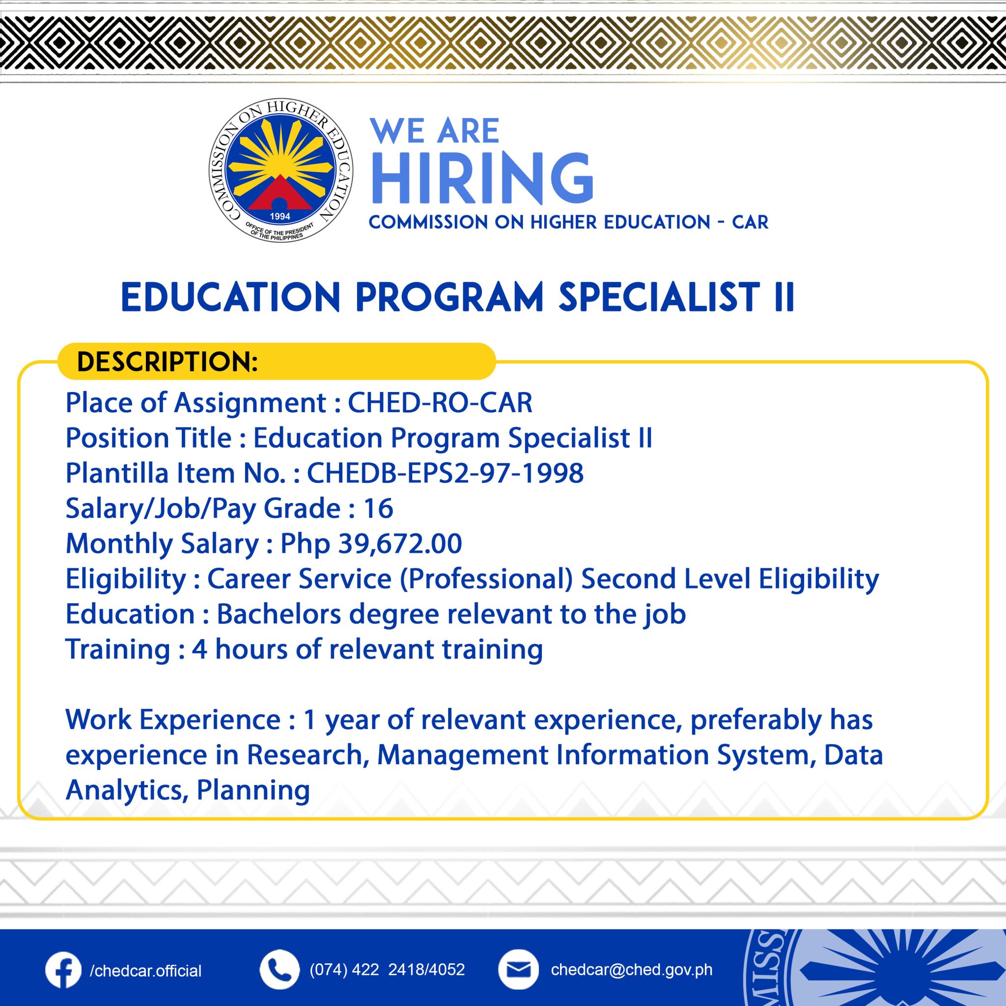 Notice of Vacancy: Education Program Specialist II - CHED