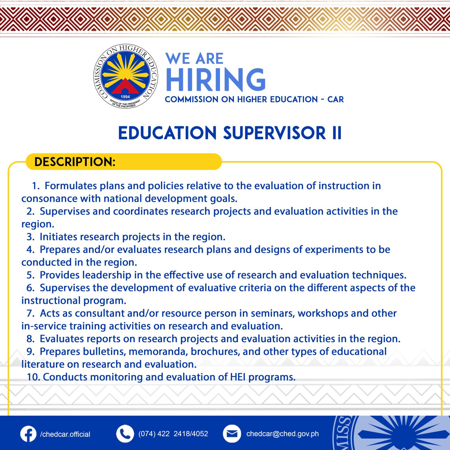 Notice of Vacancy: Education Supervisor II - CHED